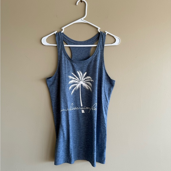 Tops | Blue Tank Top With Palm Tree Design Live Simple Racerback | Poshmark